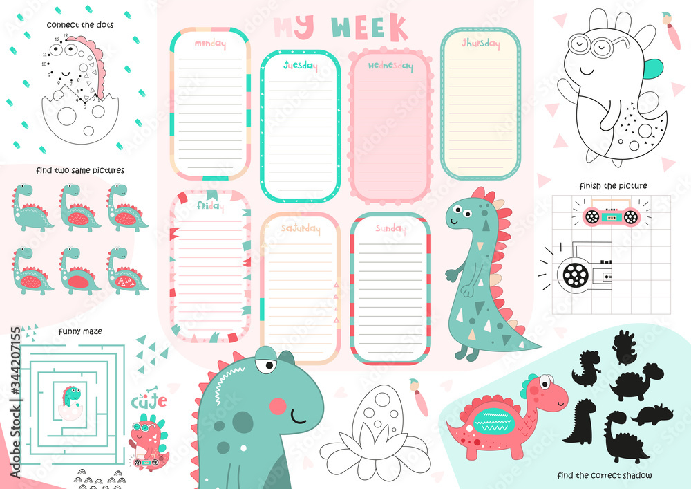 Weekly planner with cute dinos in cartoon style. Kids schedule design ...