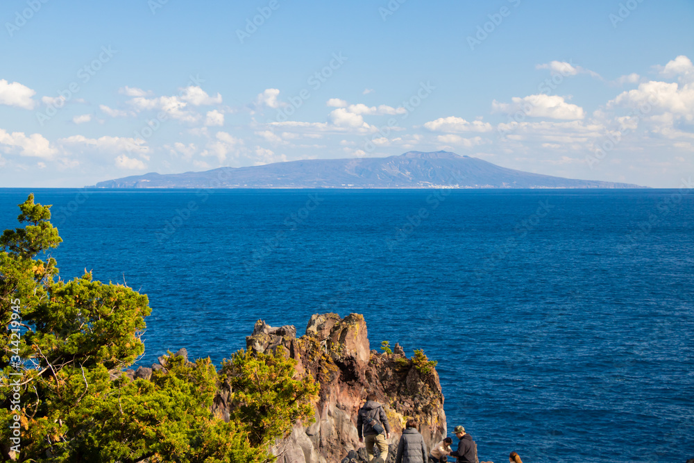 Ocean cliff with Izu-oshima island background in Izu peninsula ...