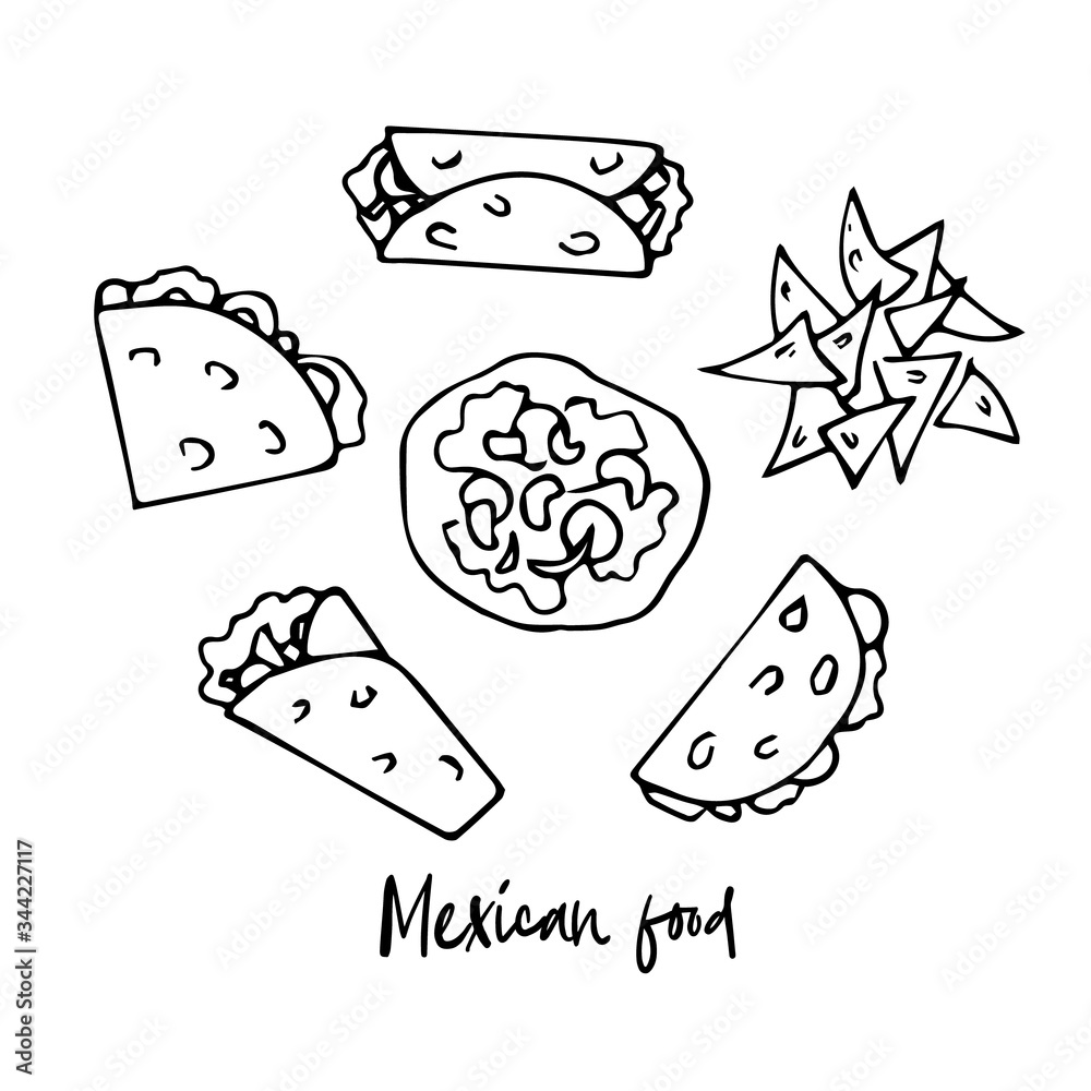 Hand drawn Mexican traditional food set. Burrito, tacos, tostados ...