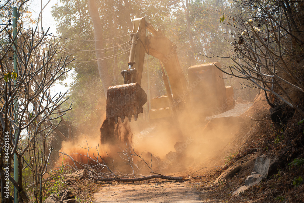 Excavator digger clearing native rainforest trees Stock Photo | Adobe Stock