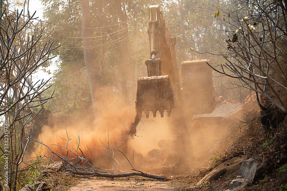 Excavator digger clearing native rainforest trees Stock Photo | Adobe Stock