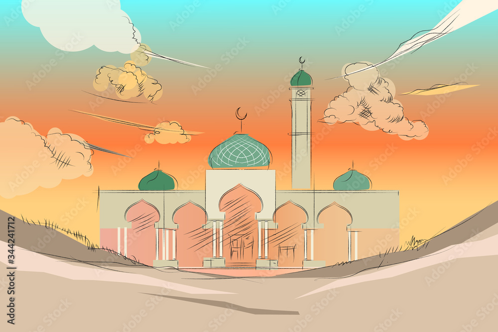 mosque hand drawing sketch style illustration. a mosque with minaret ...