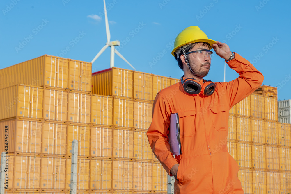 Engineer working at place for keep container,Foreman wearing hardhat ...