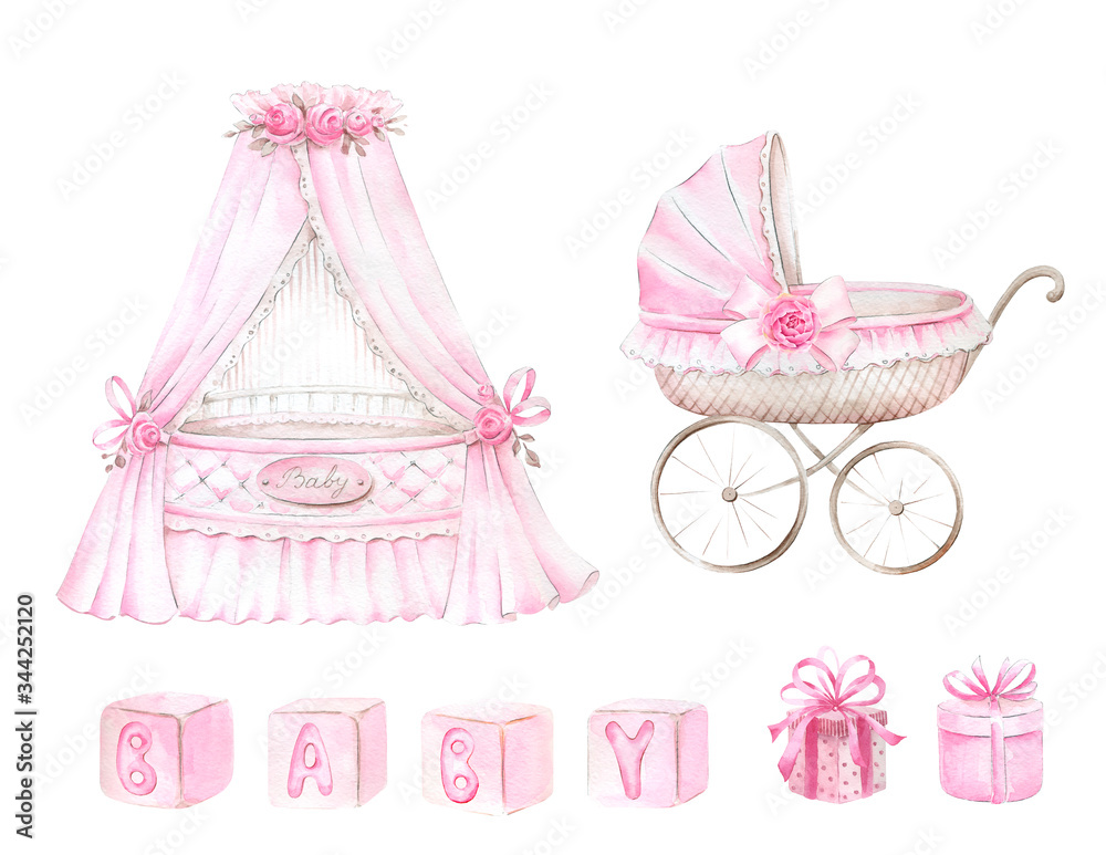 Newborn Baby Girl clipart set..Watercolor hand drawn illustrations with ...