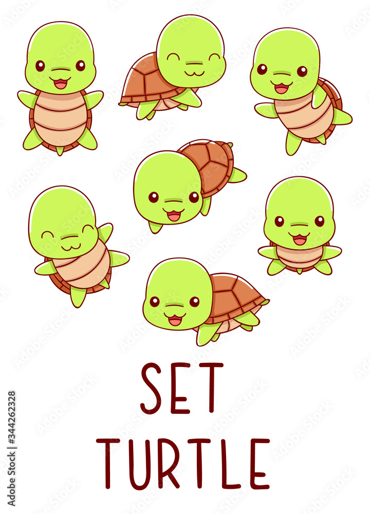 Set cute kawaii hand drawn turtle doodles, isolated on white background ...