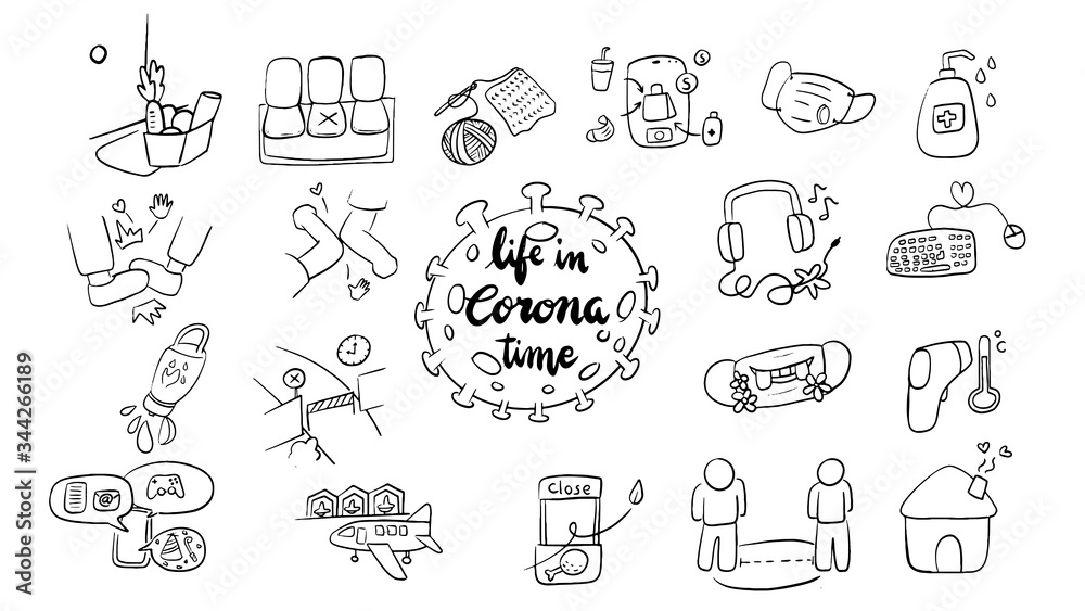 hand draw line art icon set .strategy for life saving and stop virus ...