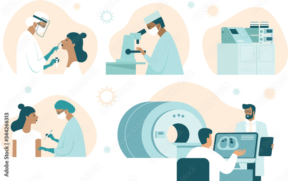 Coronavirus COVID-19 illustration set. Doctor making nasal swab test ...
