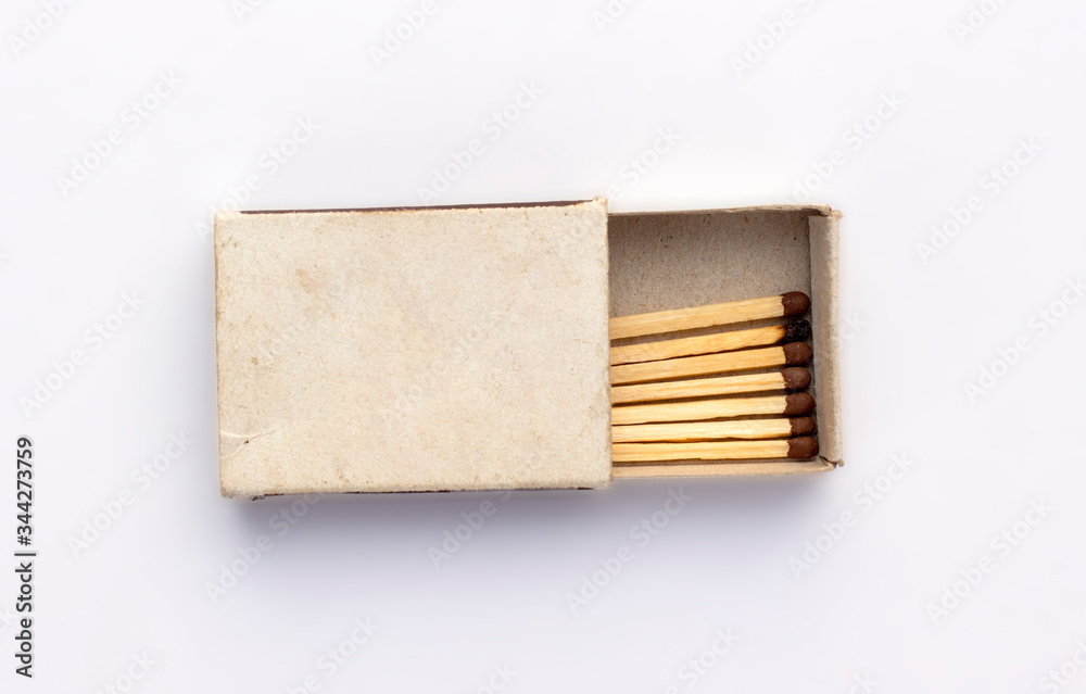 Opened old box of matches isolated on white background, top view. One ...