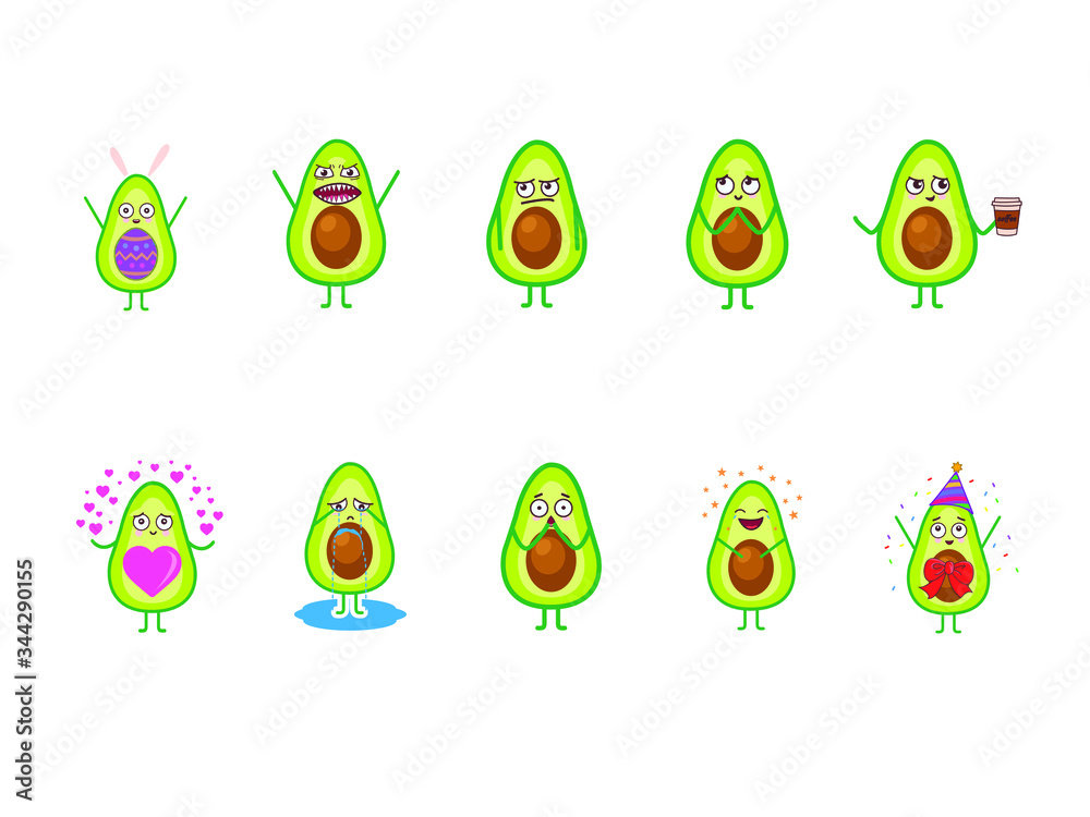 Emoticons with avocado. Emoji collection. Vector illustration set ...