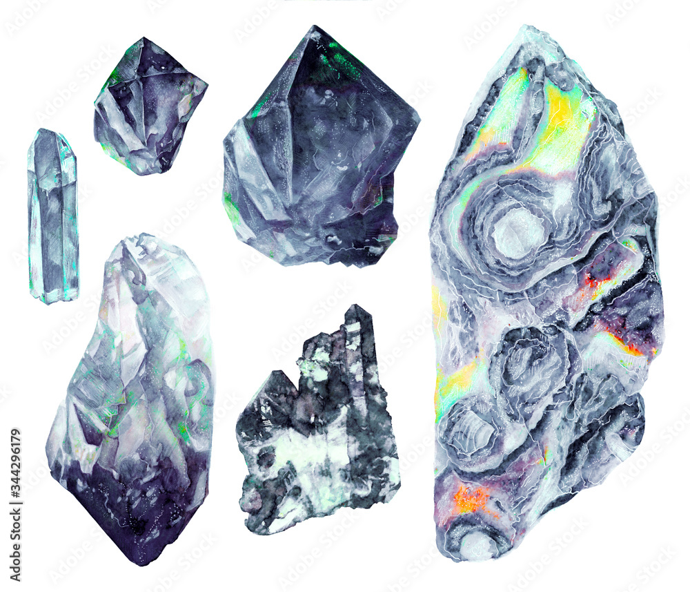 Watercolor crystals minerals stones marble set isolated on white ...