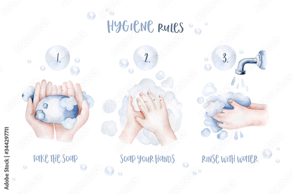 Wash your hand kids poster watercolor illustration with cat paws. hand ...