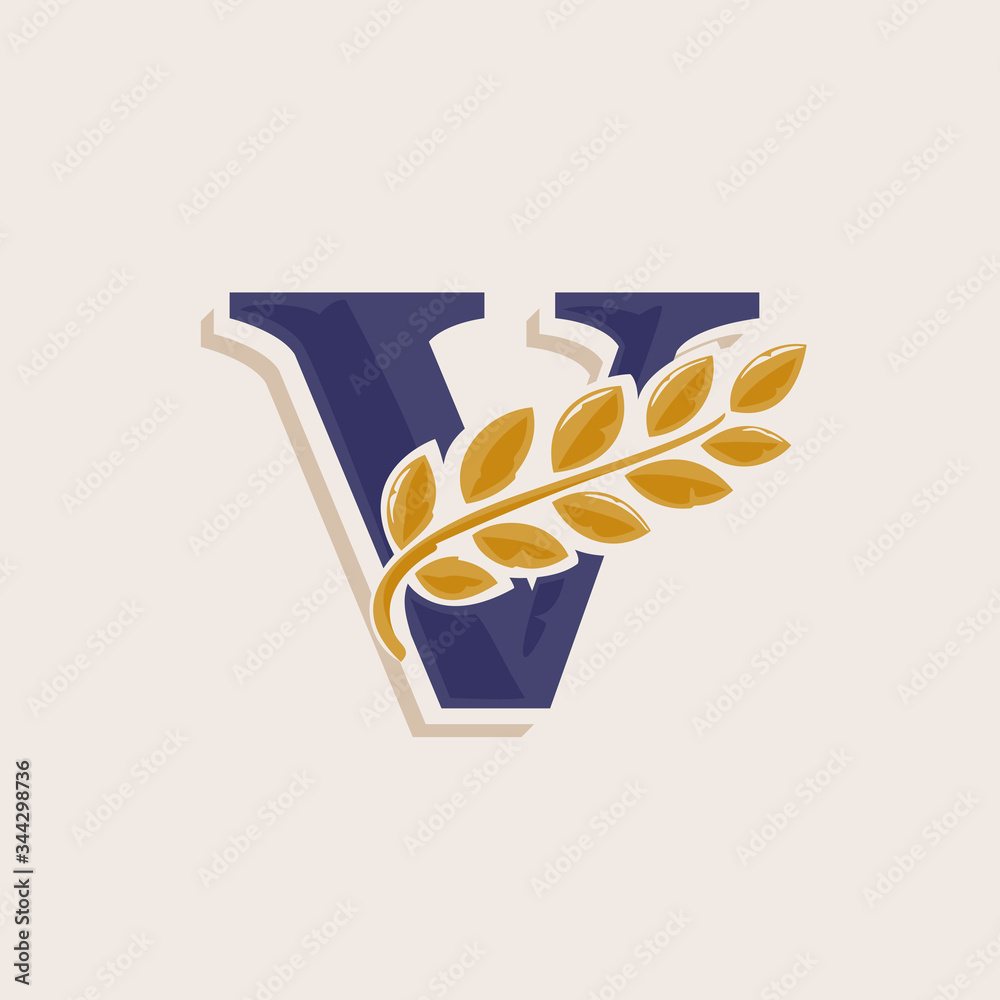 Letter V logo with laurel wreath. Classic serif font with line shadow ...