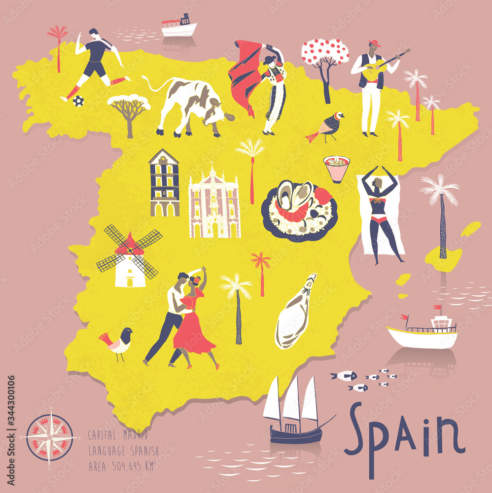 Cartoon Map of Spain with Legend Icons Stock Vector | Adobe Stock