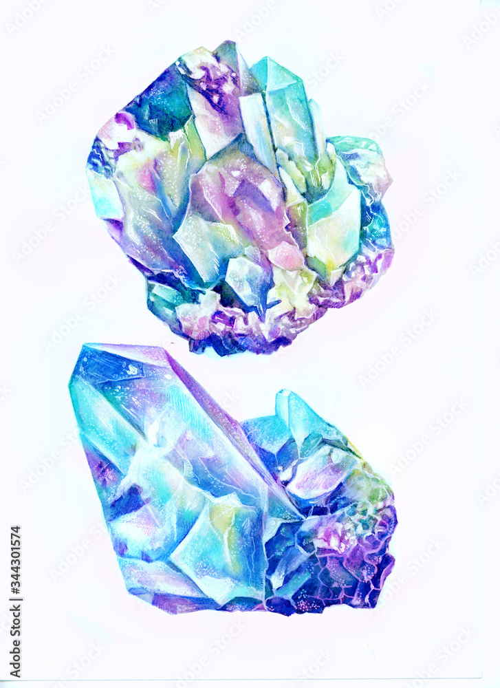 Watercolor magic stones, rock, minerals, crystals, gemstones marble ...