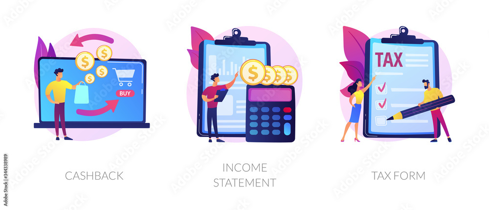Accounting and bookkeeping cartoon web icons set. Money online refund ...