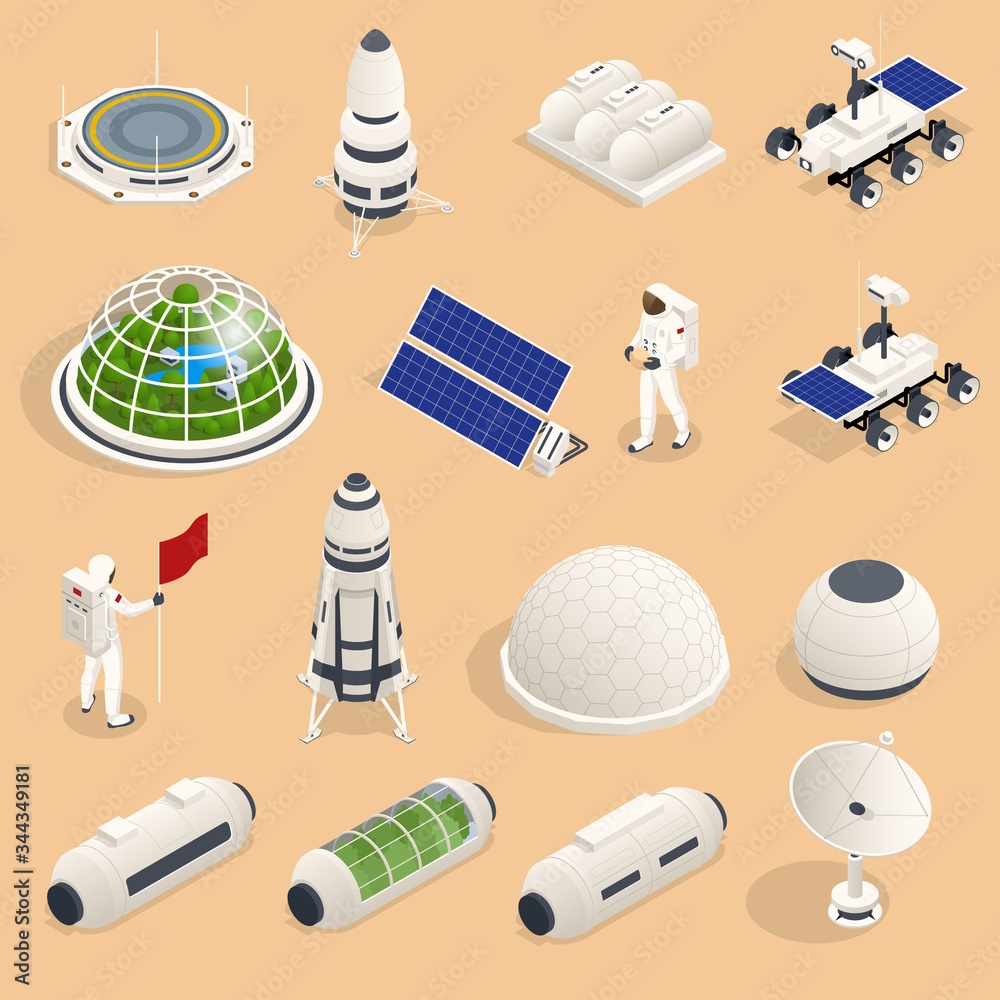 Isometric set of icons Space Equipment and Vehicles of space ...