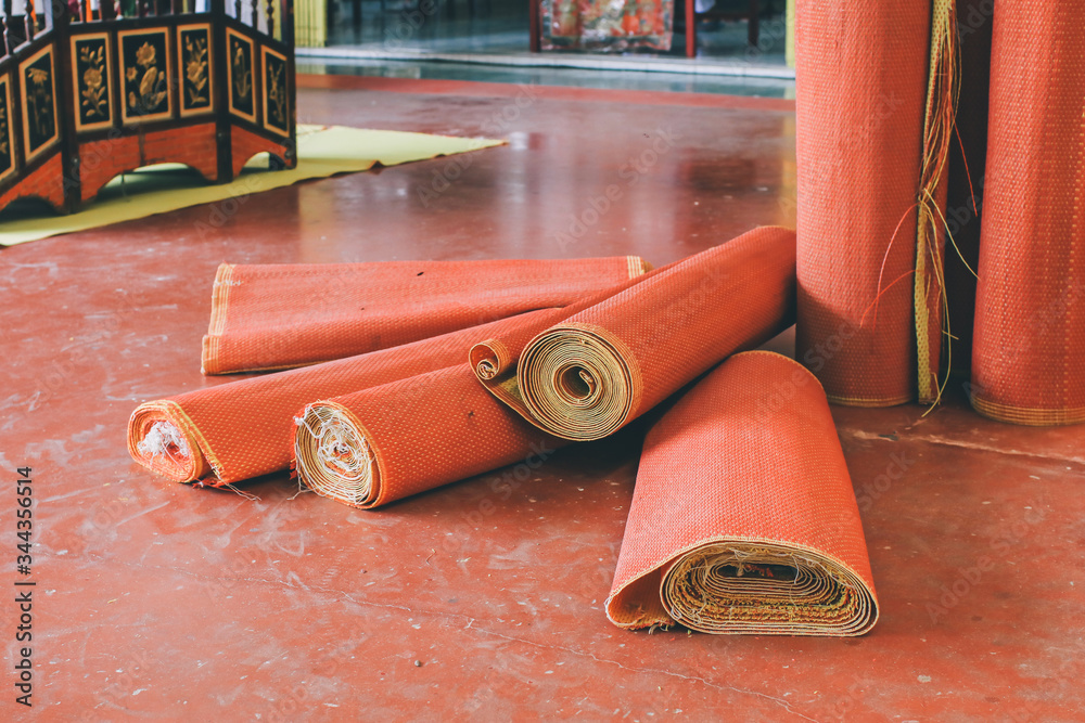 Thai style Red mat Buddhist use to sit for making merit by offering ...