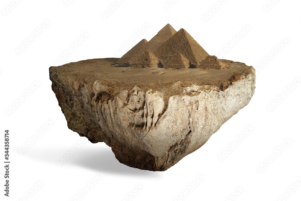 Fantasy floating island with Egypt pyramid isolated on white background ...