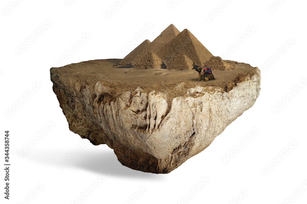 Fantasy floating island with Egypt pyramid isolated on white background ...