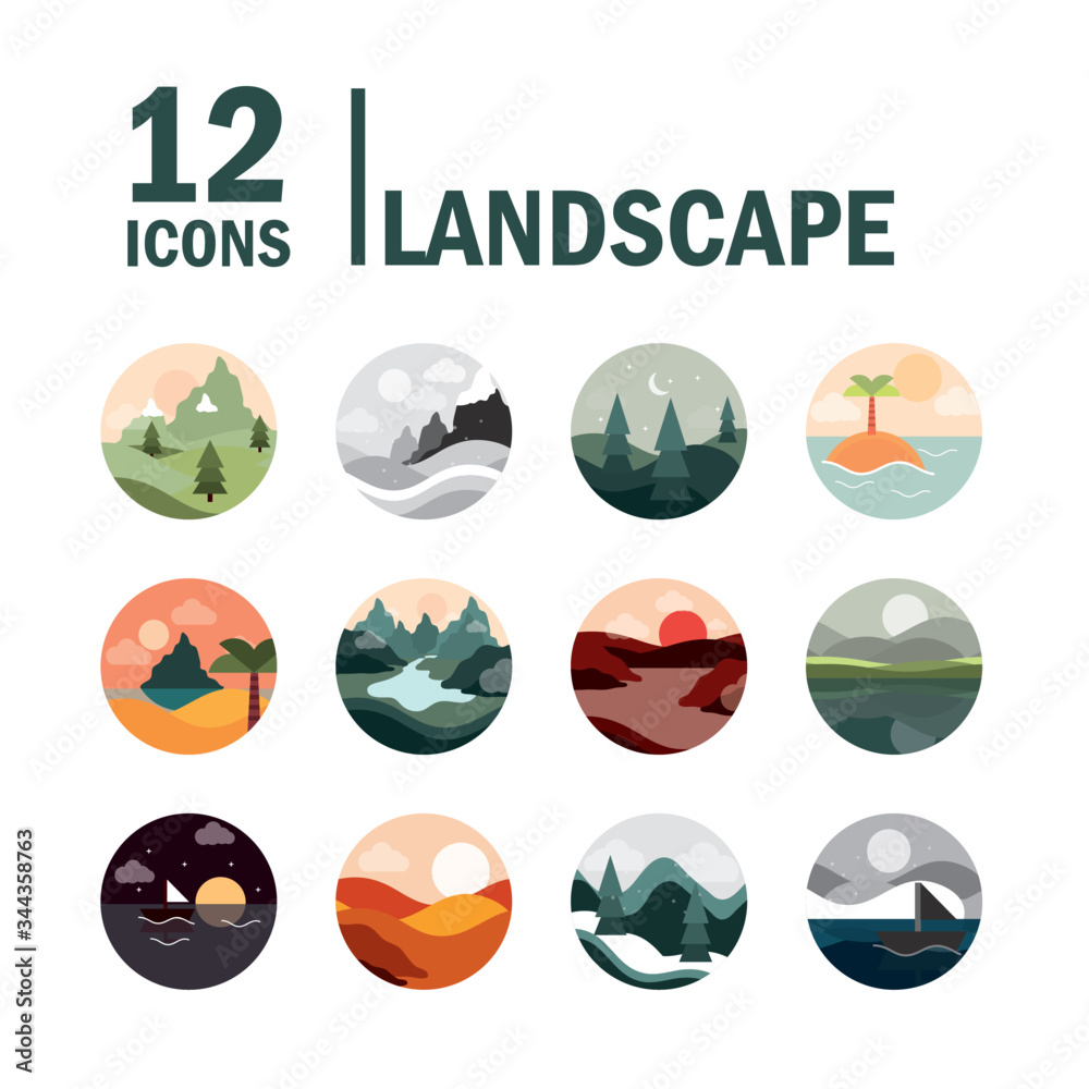 landscape nature mountains ocean and forest in circle icons set flat ...