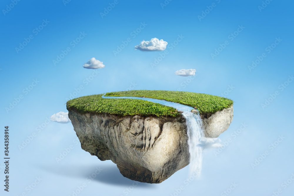 fantasy floating island with river stream on green grass, surreal float ...