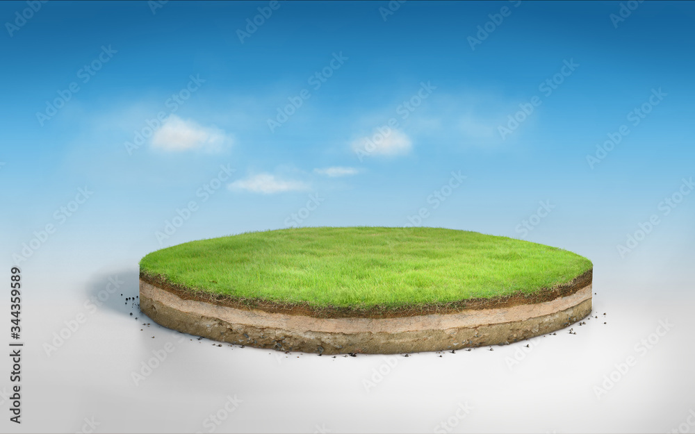 3D Illustration round soil ground cross section with earth land and ...