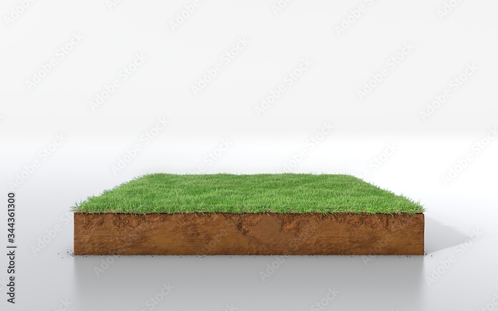 cubical soil land geology cross section with green grass, 3D ...