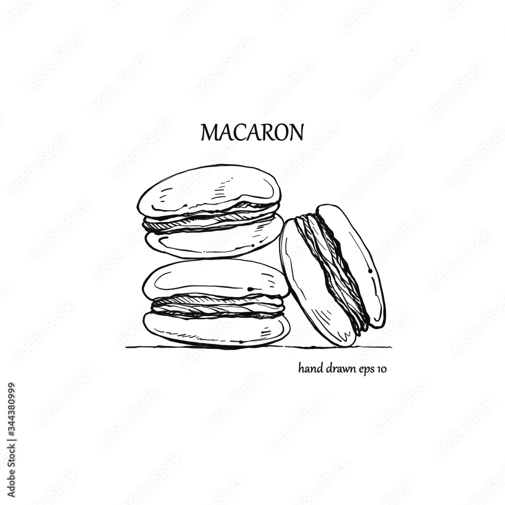 Illustration hand drawn Macaron on white background, outline monochrome ...