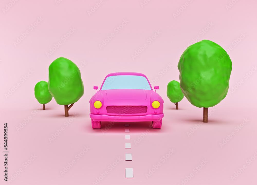 cartoon style car with trees on pastel pink background. travel concept ...