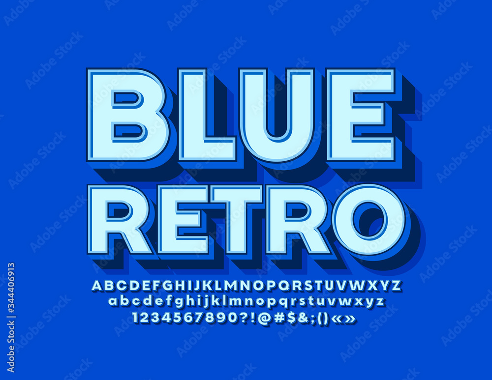 Vector Retro Font. Set of Blue 3D Letters, Numbers and Symbols. Stock ...
