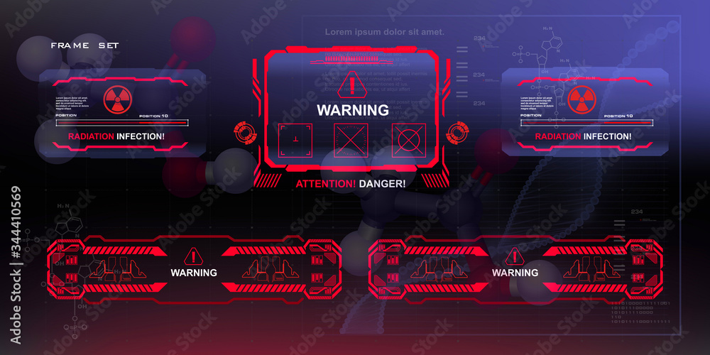 Set of red frames and pop-ups warning of danger. Risk of chemical ...