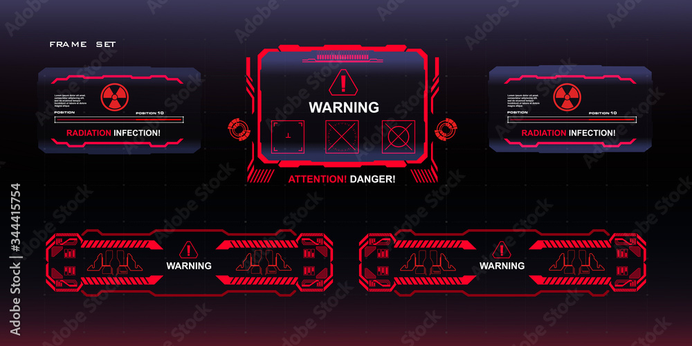 Attention Danger The threat of radiation infection Set of red frames ...