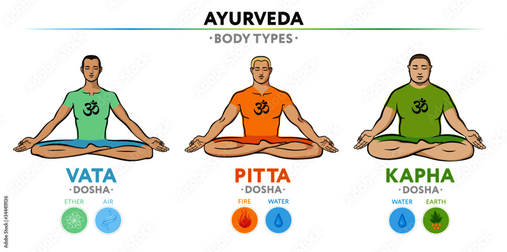 Vata, pitta, and kapha doshas. Ectomorph, mesomorph and endomorph ...
