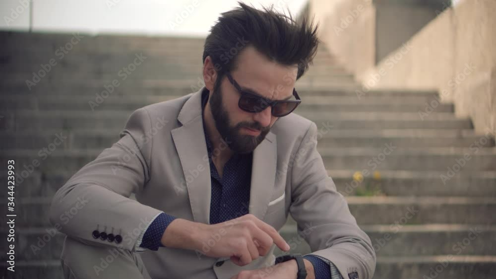 Businessman Scrolling On Display On Smartwatch.Man Using Smart Watch Wearable Wristband Device ...