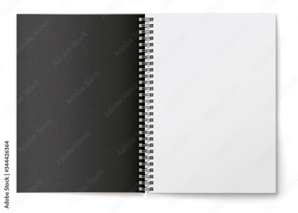 Realistic black blank horizontal open realistic spiral notepad mockup ...