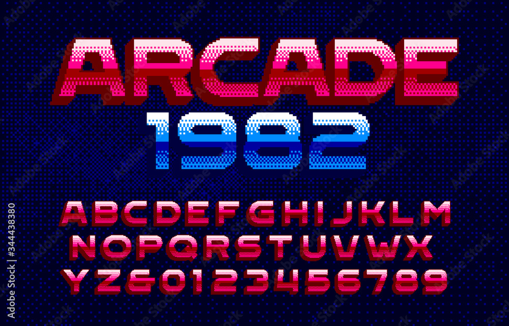 Arcade 1982 alphabet font. Pixel gradient letters and numbers. Pixel ...