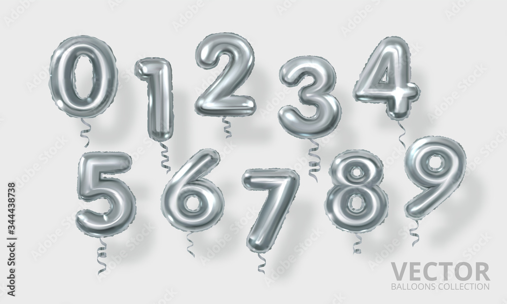 Silver Number Balloons 0 to 9. Realistic 3d render air balloon. Helium ...