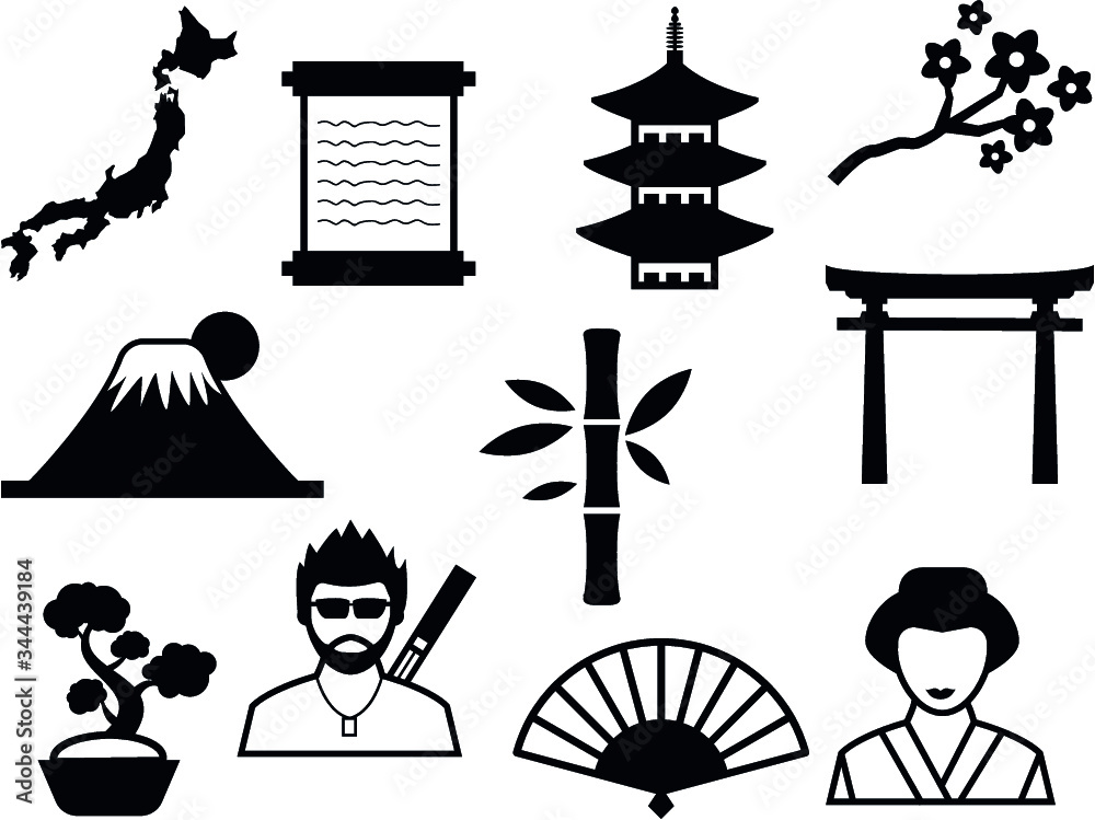 Simple Black Flat Drawing of a Japanese Culture Symbols Set Collection ...