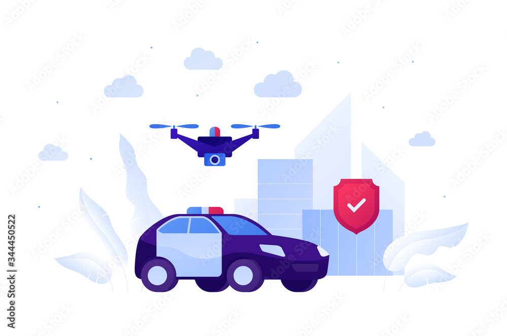 Drone flying aviation and police service concept. Vector flat ...