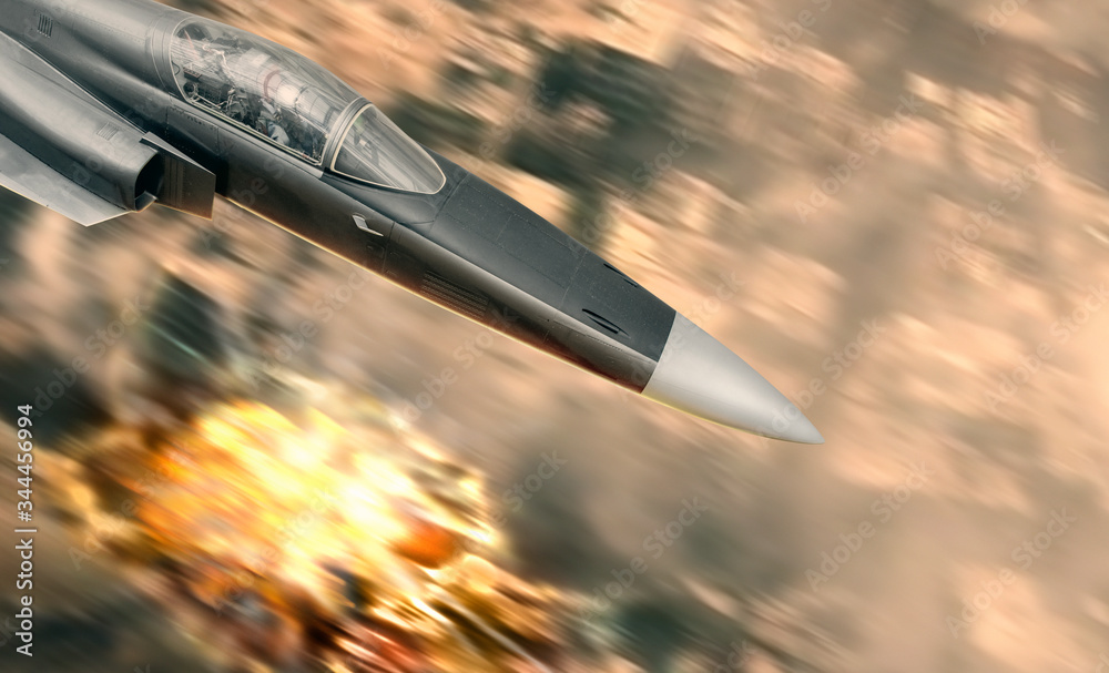 Fighter jet aircraft flying low over a urban area of a city in ruins ...