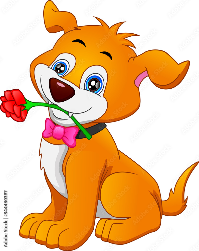 Cartoon cute dog biting a flower Stock Vector | Adobe Stock