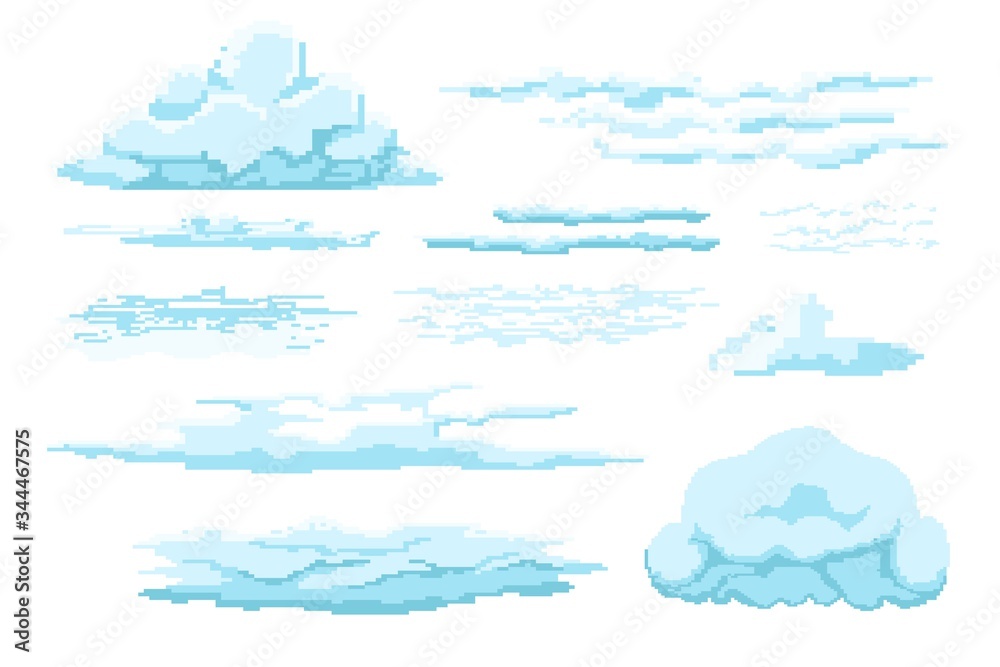 Different types of pixel clouds in sky set vector illustration. Old ...