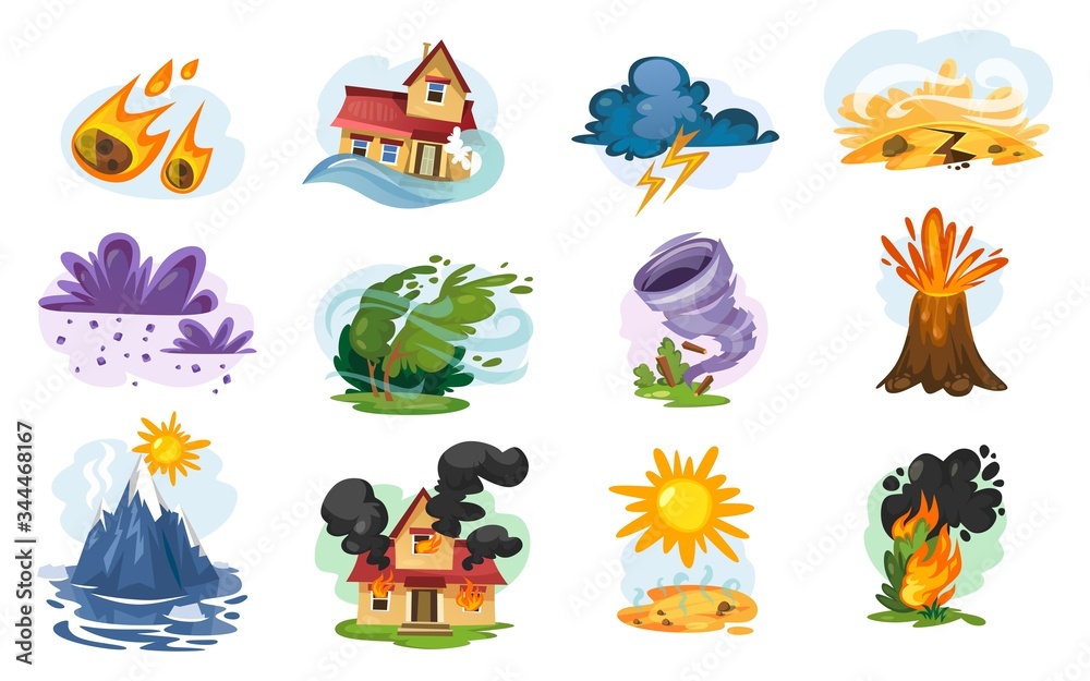 Set of natural disasters and colourful paints vector illustration. Fire ...