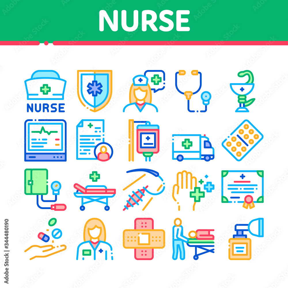Nurse Medical Aid Collection Icons Set Vector. Nurse Hat And ...