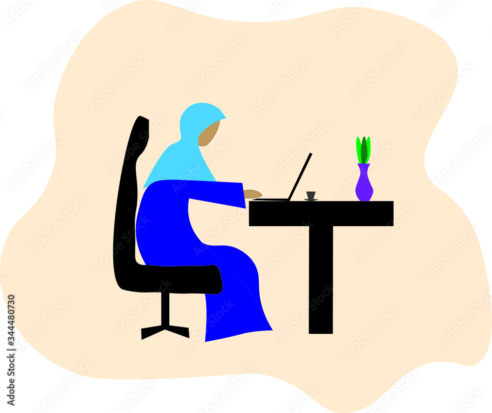 Simple vector of a Muslim Woman working from home. Covid-19 related ...