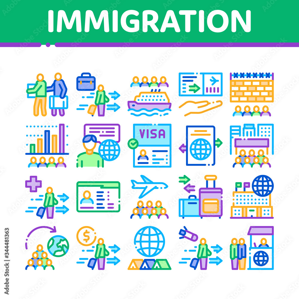 Immigration Refugee Collection Icons Set Vector. Immigration Person ...