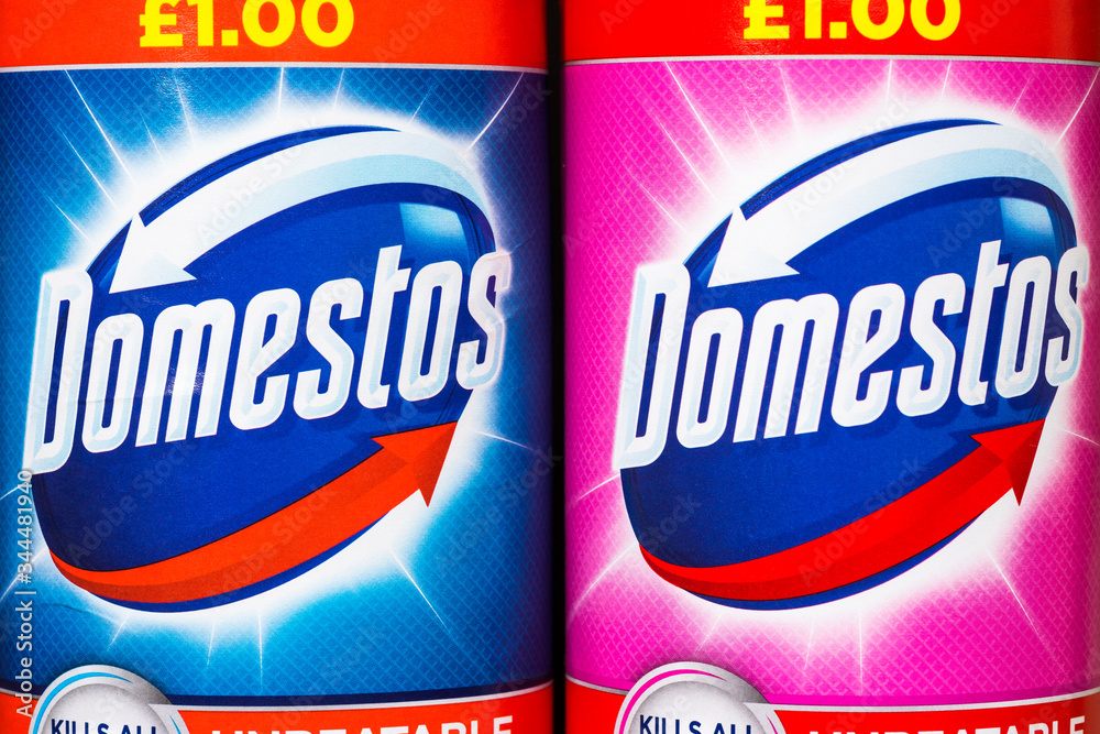 London, England UK. April 30th 2020: Domestos bleach bottles side by ...