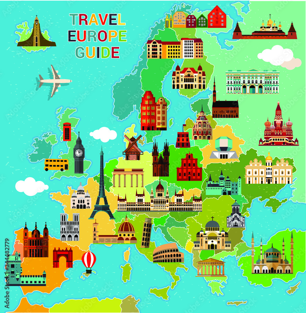 Europe Map with Famous Sightseeing. Travel Guide. Vector illustration ...
