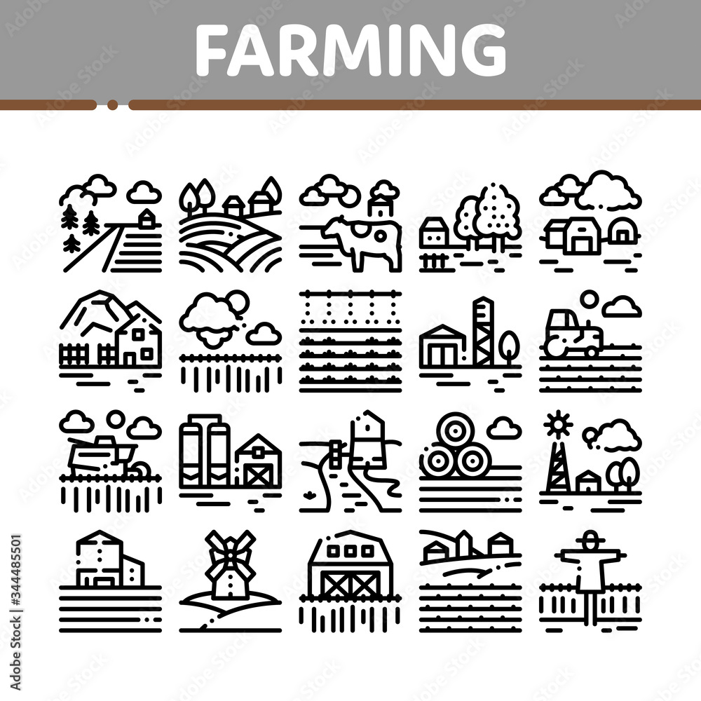 Farming Landscape Collection Icons Set Vector. Farming Field And Barn ...