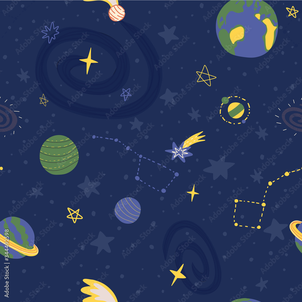 Hand drawn space seamless pattern with various planets - Earth, Uranus ...
